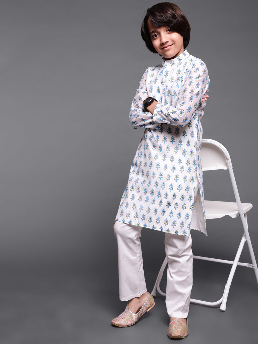Boy's White Block Print Long Kurta - Aks Boys – Trendia Kids