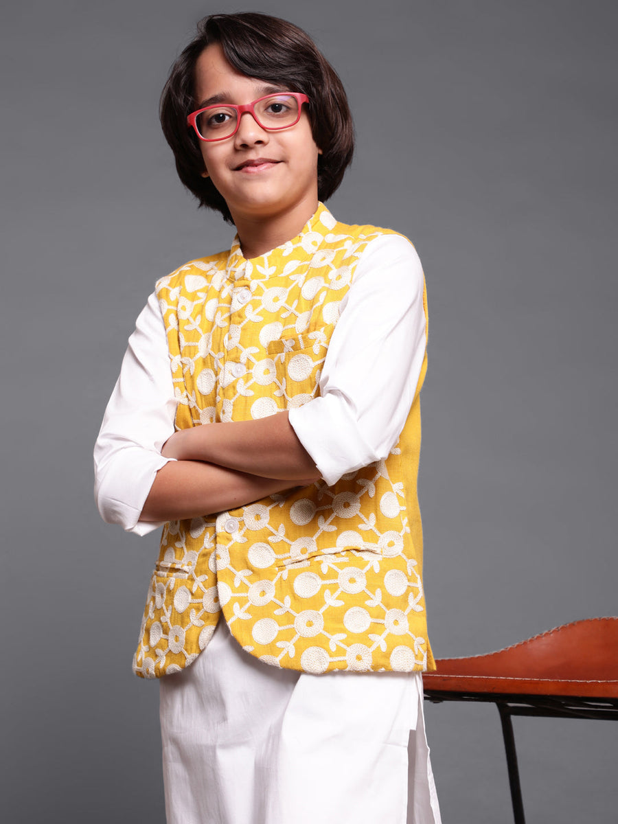 Boy's Yellow Embroidered Nehru Jacket - Aks Boys – Trendia Kids