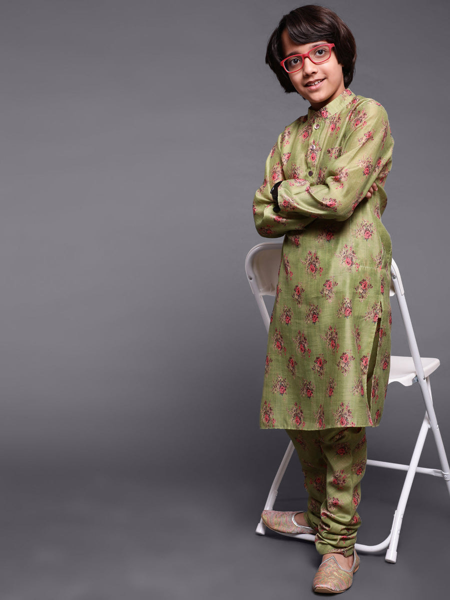 Boy's Green Digital Print Long Kurta With Churidar - Aks Boys – Trendia ...